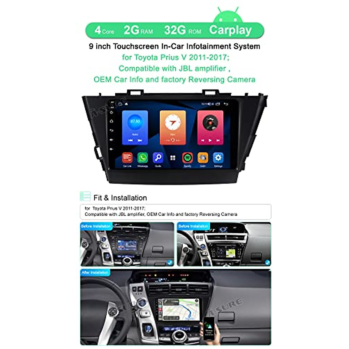 ASURE 9 inch Car Stereo Radio GPS Navigation Unit for Toyota Prius V 2011-2017 HD Touchscreen Multimedia Player,4 Core 2G+32G Android with Wireless Carplay,Android Auto,SWC,DSP,Bluetooth