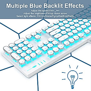 Camiysn Typewriter Style Mechanical Gaming Keyboard, White Retro Punk Gaming Keyboard with Blue Backlit, 104 Keys Blue Switch Wired Cute Keyboard, Round Keycaps for Windows/Mac/PC