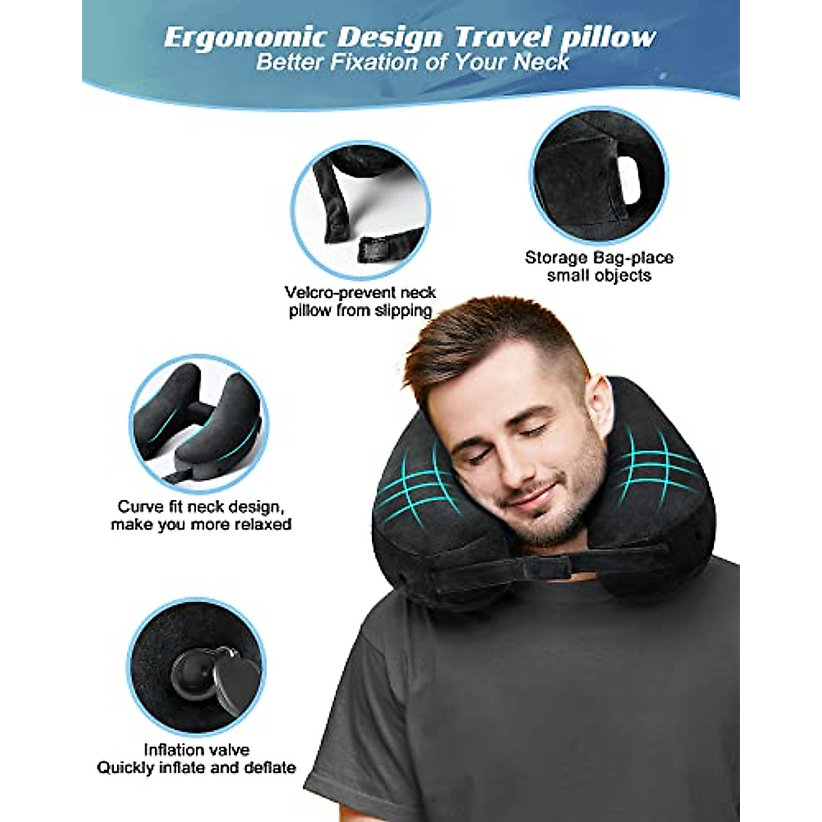 JefDiee Neck Pillows for Travel, Travel Pillow for Neck, Chin, Head Support, Airplane Pillow with Soft Washable Velour Cover, Hat, Portable Luxury Bag, 3D Sleep Mask and Earplugs (Black)