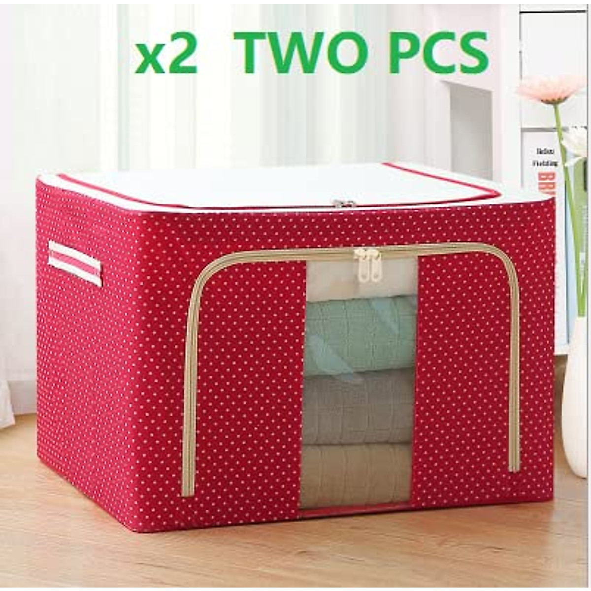 Storage Bins for Clothes - 2 PCS Collapsible Storage Bins LARGE 100L Foldable Closet Organizer Boxes 24"L x 17"W x 16"H Blanket Clothing Storage Bags with Zipper Window Large Capacity Storage Containers for Clothes 100L RED POINTS