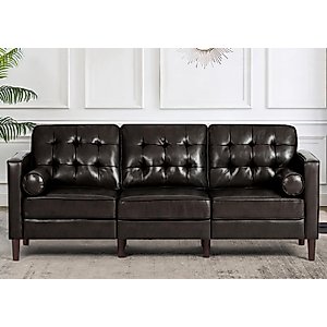 Nansiee 84” Faux Leather Sofa with Tufted Backrest, Upholstered 3-Seat Couch with 2 Bolster Pillows, Mid-Century Sofa with Wooden Legs for Living Room, Bedroom, Office, Dark Brown