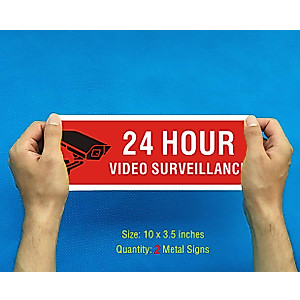 Video Surveillance Metal Sign Under 24 Hour for Business House Camera Security Warning Aluminum Sign CCTV (2 Pack 10 x 3.5 inches)