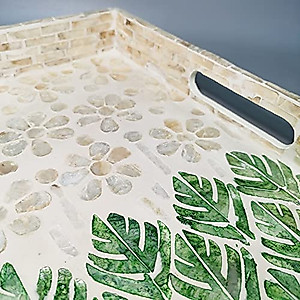 14 Inch Green Beige Mother of Pearl Tray, Large Lacquer Serving Tray with Handles and 2 Inch Wall, Square Shell Ottoman Coffee Table Tray, Decorative Bone Inlay Tray for Food, Accent, S, I-lan (35cm)