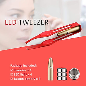 4 Pieces Tweezers with Light, Led Tweezers Stainless Steel Makeup LED Light Eyelash Eyebrow Hair Removal Illuminating Lighted Tweezers for Men and Women (Black, Red, Rose Red, Dark Blue)