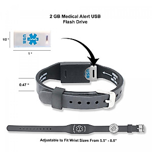 Elite II USB Medical Alert Bracelet – Hypoallergenic Silicone Wristband w/ 2GB Waterproof Flash Drive, Engraved ID Plate, and Emergency Medical Card – Access to Personal Health Record Portal, Gray