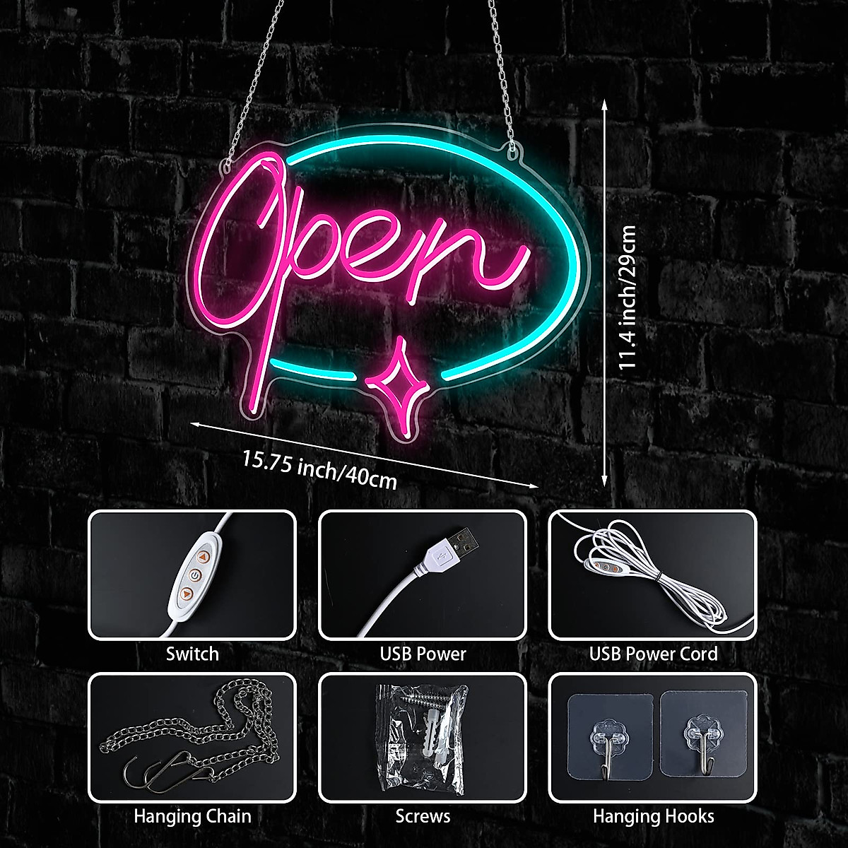 Neon Open Sign for Business, 15.75"x11.4" Led Open Signs for Business & Store Window, Adjustable Brightness Ultra Bright Neon Light Open Sign for Party Bar Salon Coffee Shop Club Hotel Wall Decor