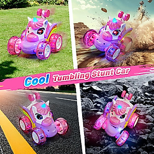 Carsky Remote Control Car RC Stunt Cars for Girl 360°Stunt Rotation 4WD Remote Cars for Kids 3-6 Double Sided RC Car with LED Lights,2.4GHz Electric Toy Car,Birthday Gift for 3 4 5 6 Year Old Girl