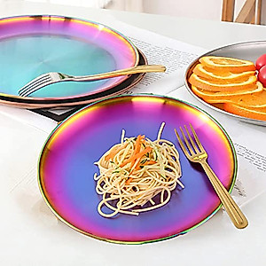 JYJFGSFA Rainbow Stainless Steel Dinner Plates Set with Fork, Set of 8, Colorful Metal Dessert Salad Plates for Eating Dinner Camping, Unbreakable and Reusable Kids Platter Indian Dishwasher Safe