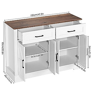 BOTLOG Farmhouse Buffet Cabinet with Storage, 47.2" Sideboard Storage Cabinet with Drawers Coffee Bar Cabinet for Kitchen, Dining Room, Hallway, White