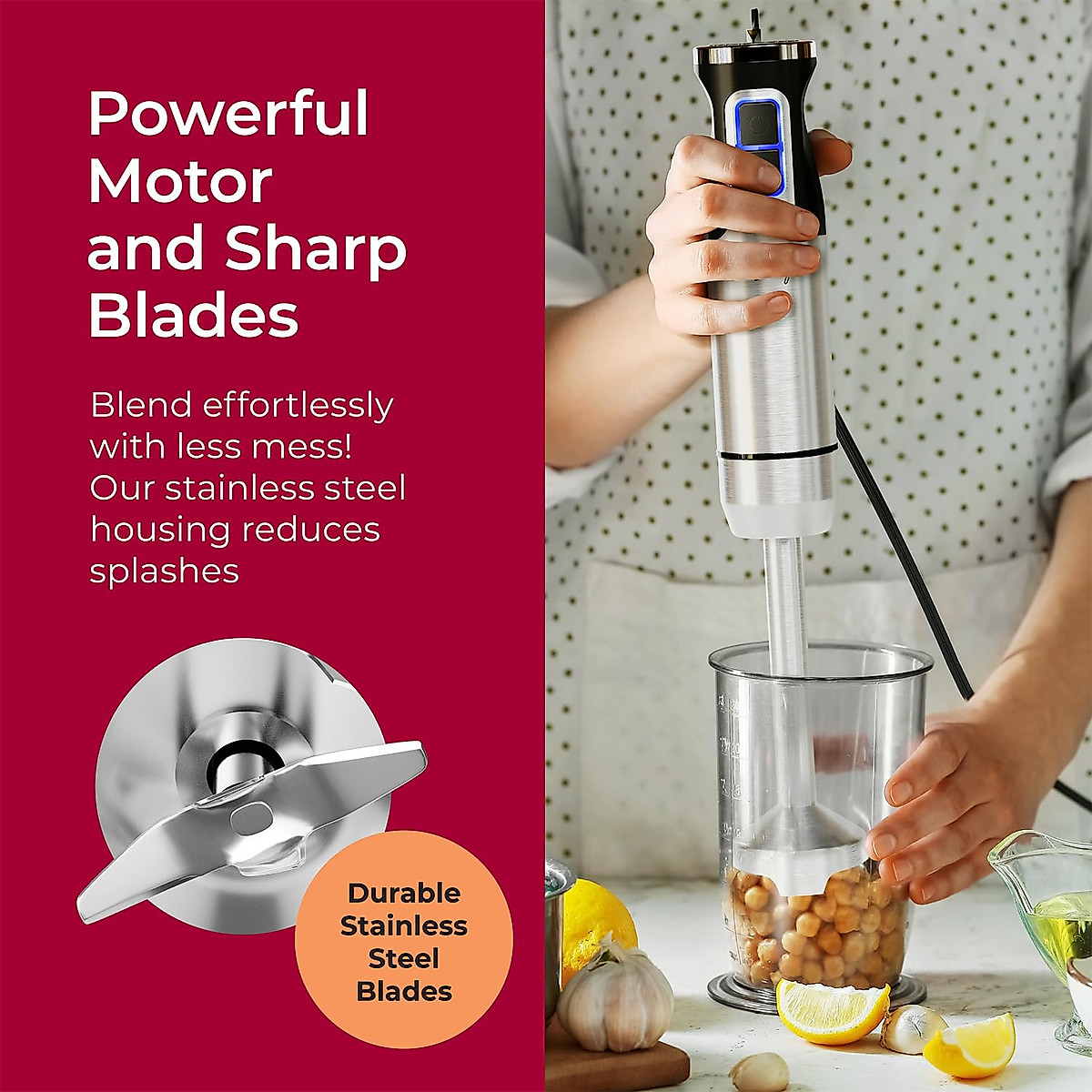 Mueller Ultra-Stick 500 Watt 9-Speed Immersion Multi-Purpose Hand Blender Heavy Duty Copper Motor Brushed 304 Stainless Steel With Whisk, Milk Frother Attachments