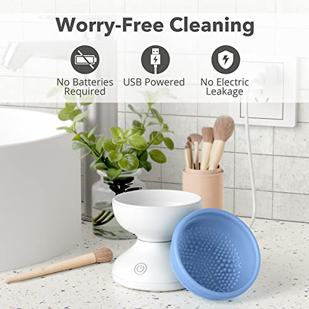 Electric Makeup Brush Cleaner Machine - Alyfini Portable Automatic USB Cosmetic Brushes Cleaner for All Size Beauty Makeup Brush Set, Liquid Foundation, Contour, Eyeshadow, Blush Brush (WhiteBlue)