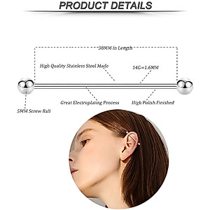 Incaton 14g Industrial Barbell Surgical Steel Cartilage Earrings CZ Industrial Earring Crystal Ferido Industrail Piercing 1 1/2"(38mm) Bar Length