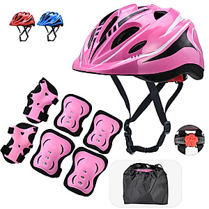 Toddler Youth Bicycle Helmet Knee Pads Kids Adjustable for 5~12yrs Girls Kids Pads and Helmet for Cycling Bike Roller Skate Scooter Helmet and Knee Pad Set Pink