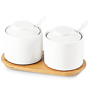 ONTUBE Ceramic Sugar Bowl with Lid and Spoon Set of 2,Porcelain Seasoning Box Salt Bowl with Tray,8oz (White)