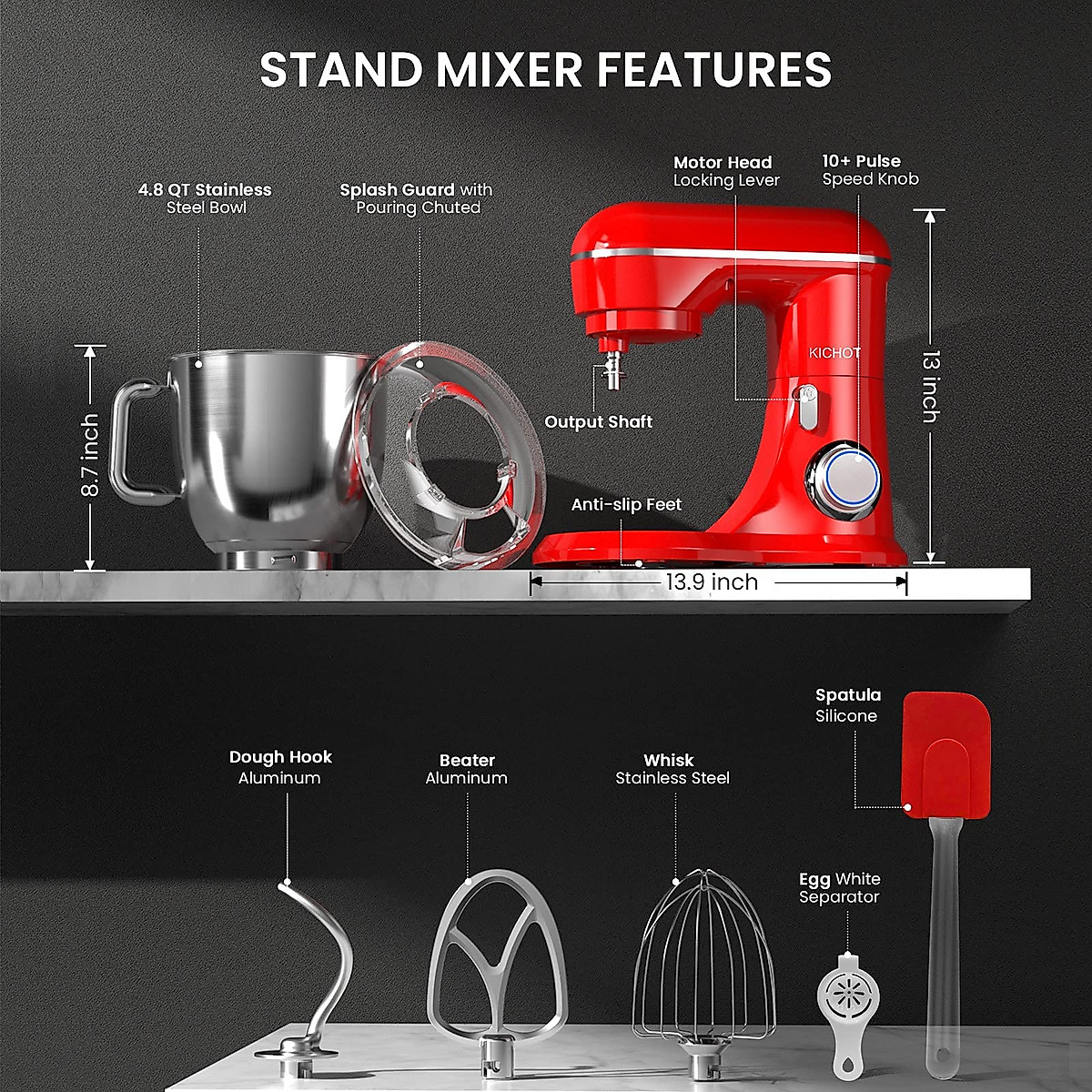 Stand Mixer, KICHOT 10+P Speed 4.8 Qt. Household Stand Mixers, Tilt-Head Cake Mixer Machine with Dough Hook, Beater, Wire Whisk & Splash Guard Attachments for Baking, Cake, Cookie, Kneading, RED