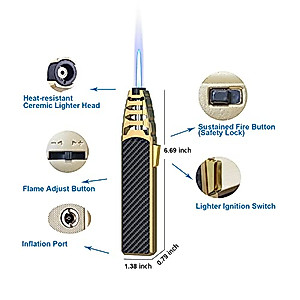 Jnfire Butane Torch Lighter Refillable Windproof Single Jet Torch Lighters Adjustable Flame with Gift Box for Kitchen Dining, BBQ Camping Hiking Without Butane-Black Gold Color