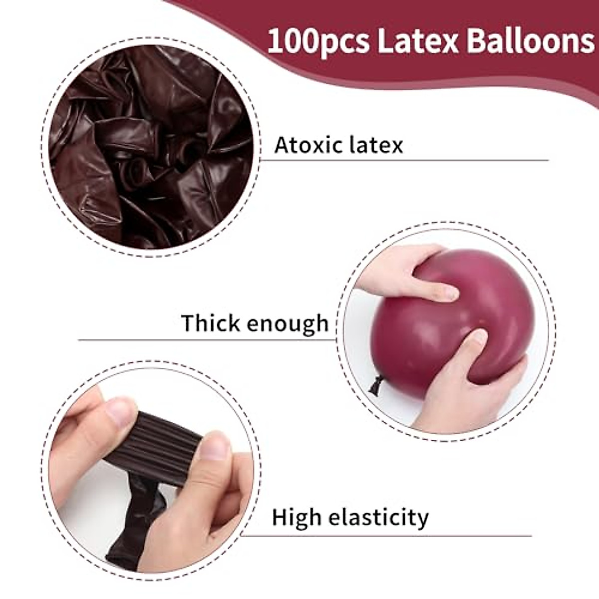 RUBFAC Burgundy Maroon Balloons Latex Party Balloons, 100pcs 12 Inches Wine Red Balloons for Party Decoration Valentine's Day, Birthday, Wedding, Baby Shower, Bride Party Decoration (with Red Ribbon)