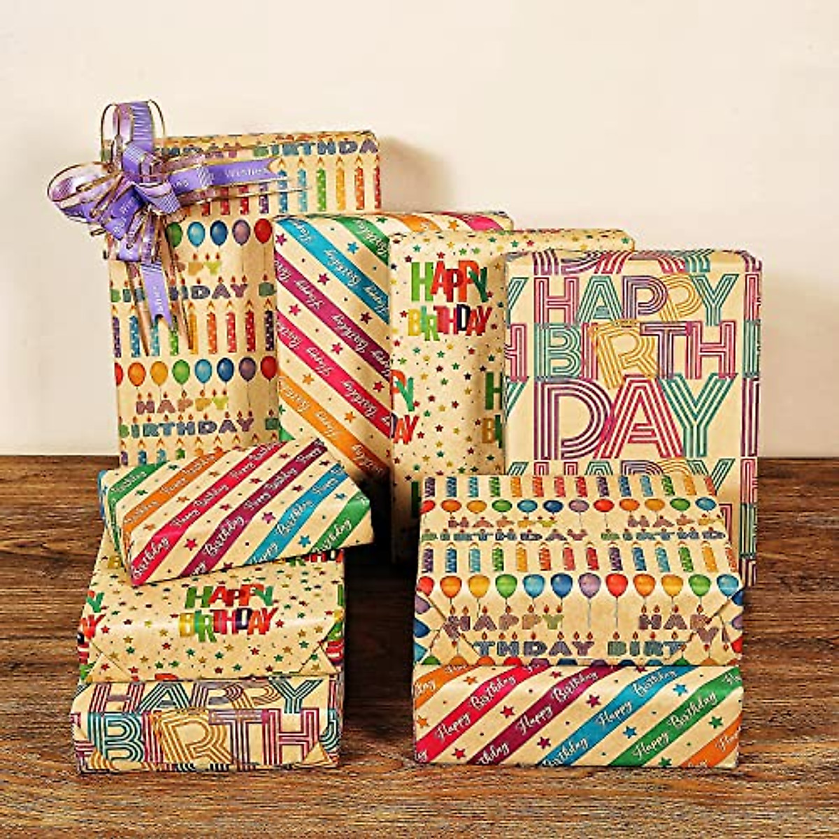 THMORT Birthday Wrapping Paper for Kids, Boys&Girls, Adults. Kraft Brown Recycled Gift Wrapping Paper ,Rainbow stripe Happy Birthday 4 Colorful Designs for Baby Shower, Holiday, Party Pack of 12 Sheets 29 X 20 Inch.