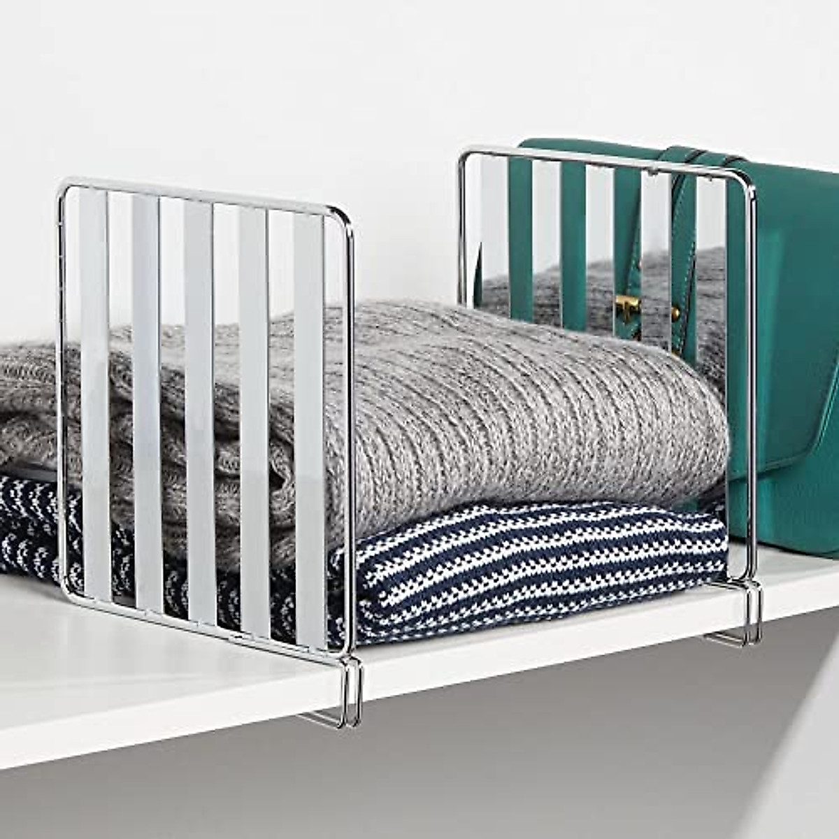 mDesign Versatile Metal Wire Closet Shelf Divider and Separator for Storage and Organization in Bedroom, Bathroom, Kitchen and Office Shelves - Easy Install - 4 Pack - Chrome