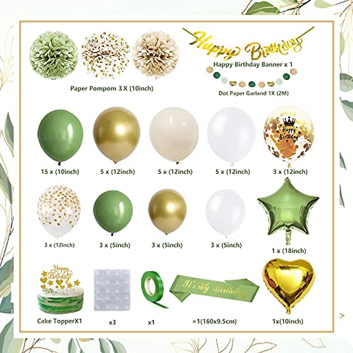 GYESXYW Sage Green Party Decorations, Olive Green and Gold Birthday Decorations Happy Birthday Banner, Birthday Sash and Gold Confetti Balloons for Men Women Boys Girls Baby Shower Birthday Supplie