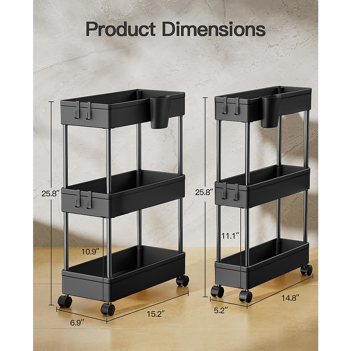 Pipishell Bathroom Cart, 2 Pack Slim Storage Cart Bathroom Organizer with Hanging Cups & Hooks, Bathroom Storage Rolling Cart for Bathroom, Laundry Room, Kitchen, Set of 2, PIUC07BK2