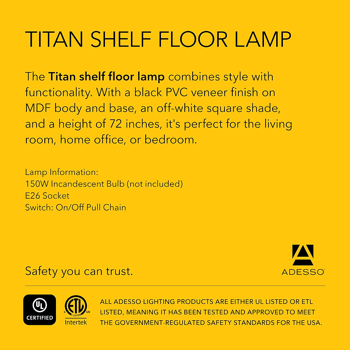 Adesso 3193-01 Titan Tall Shelf Floor Lamp, 72 in, 150W Incandescent/equiv. CFL, Black PVC Veneer on MDF, 1 Floor Lamp