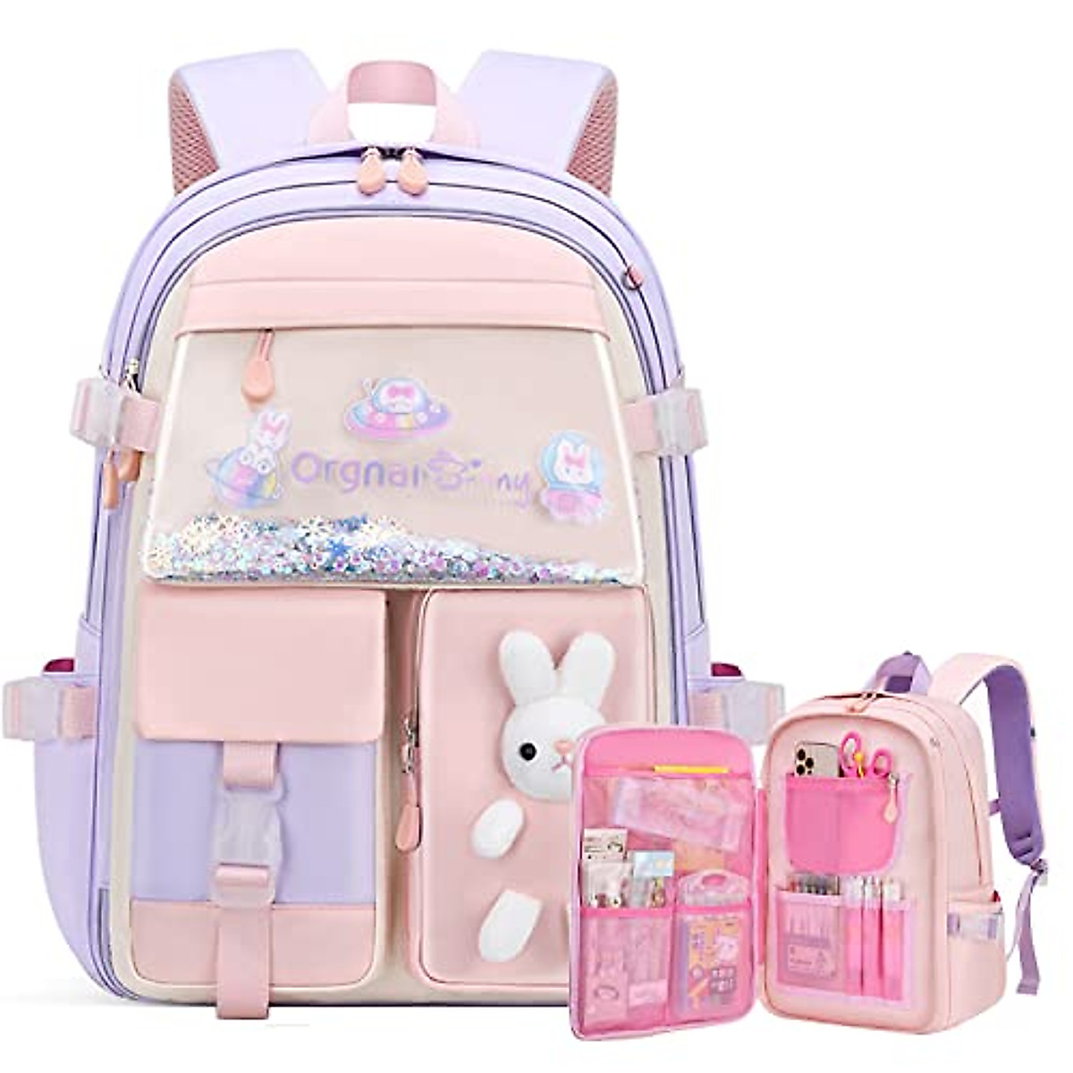 JEKAVA Kawaii Kids Backpack Cute School Bookbag for Girls Quicksand Middle School Students Rucksack Waterproof Large Capacity (Purple, Big)