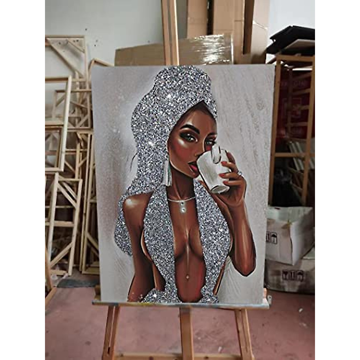 African American Black Woman Silver Glitter Textured Canvas Print Poster,Sparkly Women's Wall Decor Fashion Female Painting Canvas Prints Living Room Bedroom Bathroom Home Decor,16x24 inch,Unframed.