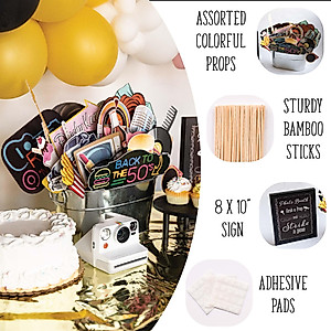 50s Photo Booth Props - 41-pc Photo Booth Kit with 8 x 10-Inch Sign, 60 Adhesive Pads, 45 Sticks - Sock Hop Party Decorations - Fifties Theme Photo Booth Props