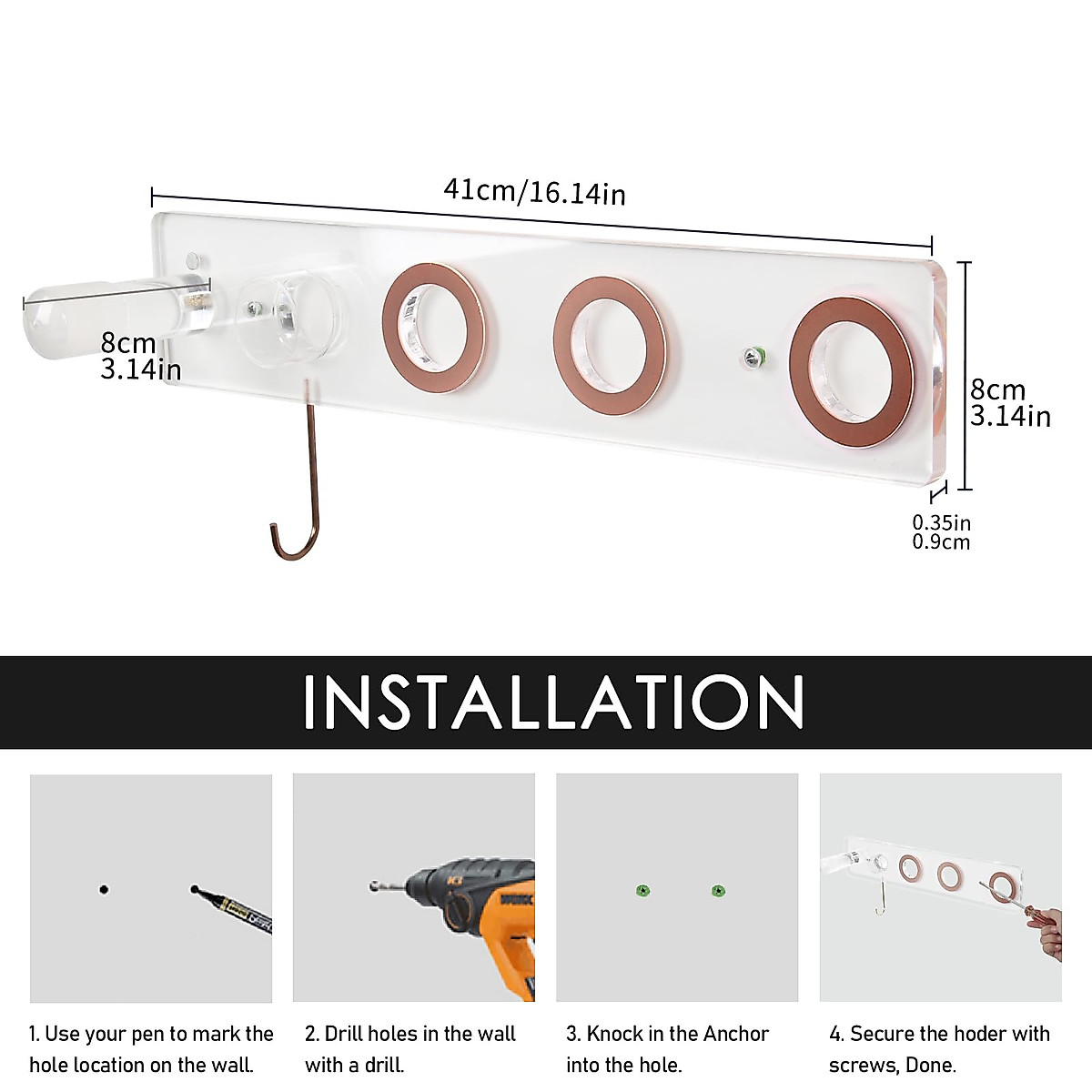 Floatant Wall Mount Hair Dryer Holder Compatible with Dyson Supersonic, Hair dryer holder, Acrylic Attachments Organizer with Hooks for Accessories Nozzles, Wide-Tooth Comb, Diffuser (Transparent)