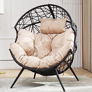 GOOGIC Patio Wicker Egg Chair,Outdoor Egg Chair with Cushion,Oversized Indoor Outdoor Egg Basket Lounge Chair for Patio, Backyard,Living Room,Garden,Steel Frame - Beige