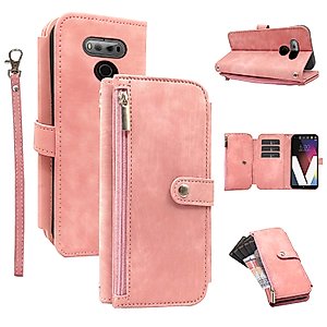 Compatible with LG V20 Wallet Case 9 Card Slots Retro Leather Flip Credit Card Holder Cell Phone Cover for Folio Purse Lanyard Wrist Strap Rugged Slot Mobile LGV20 LG20 V 20 ThinQ Women Men Pink