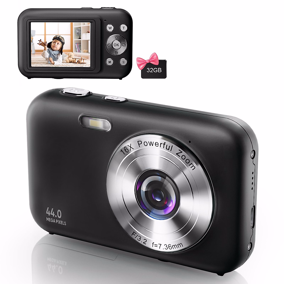 Digital Camera, FHD 1080P Kids Camera with 32GB SD Card 44MP Point and Shoot Camera with 16X Digital Zoom, Compact Portable Small Digital Camera for Teens Students Kids Girls Boys Beginner-Black