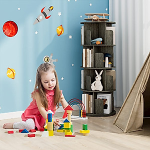 OTK Rotating Bookshelf, 360° Display Standing Book Shelf Organizer, 4 Tier Wooden Corner Bookshelves for Small Space, Small Bookcase Storage Rack for Kids' Room, StudyRoom, Bedroom, Black Oak