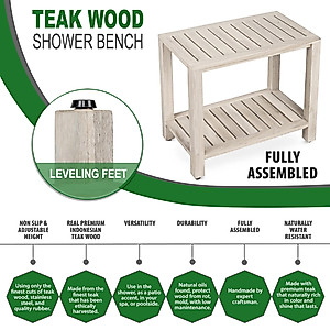 TeakCraft Gray Teak Shower Bench with Shelf 21 Inch for Bathroom, Spa - Fully Assembled, Shower Stool, Rustic Gray Finish, The Elisa