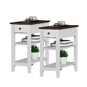 ChooChoo Side Table Living Room Set of 2, Narrow End Table with Drawer and Shelf, 3-Tier Sofa End Table for Small Space, White and Brown