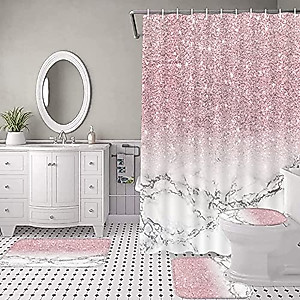 juwute 4 Pcs Pink Shower Curtain Set Marble Bathroom Shower Curtain Sets with Rugs and Accessories,Shiny Toilet Lid Cover Bath Mat and Flash Contour Mat Sets,12 Hooks,Polyester,Waterproof