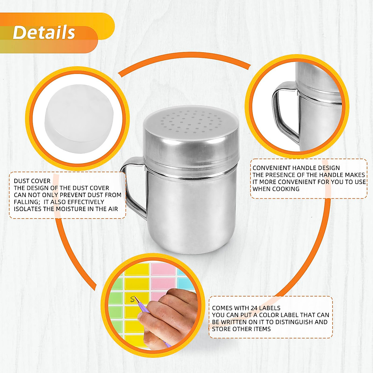 GEMLORD 2 Pieces 13.5 OZ Stainless Steel Salt and Pepper Dredge Shakers with Lid and Handle, Seasoning Pepper Shaker Spice Condiment Shakers for Powder Candy Cooking Kitchen Baking