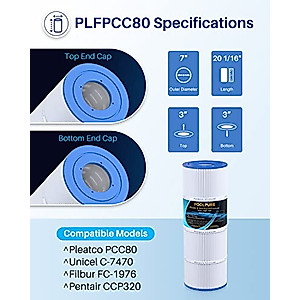 POOLPURE PLFPCC80 Pool Filter Replaces Pentair CCP320, Pleatco PCC80-PAK4, Unicel C-7470, R173573, Filbur FC-1976, 178580, 817-0081, Clean and Clear Plus 320, L x OD:20"x 7", 4X80 sq.ft. Cartridge