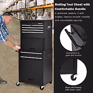 Goplus 6-Drawer Rolling Tool Chest, 3-in-1 Tool Box Organizer w/Auto Locking System & Lockable Wheels & Sliding Drawers & Detachable Top, Tool Storage Cabinet for Garage Workshop (Black)
