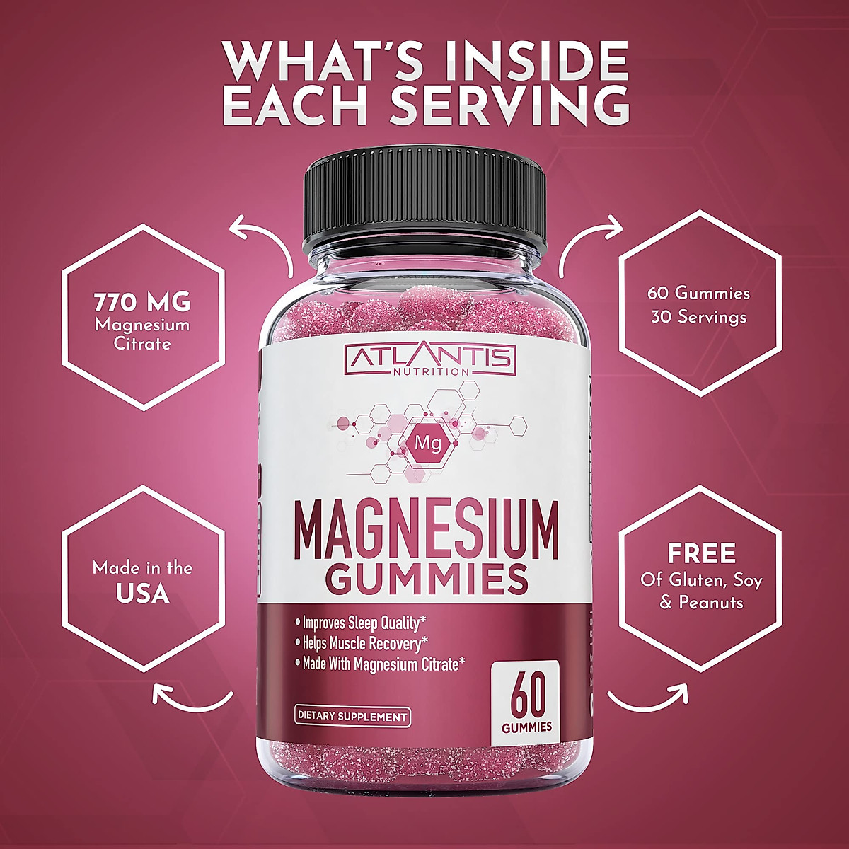 Atlantis Nutrition Magnesium Gummies | 770 MG Magnesium Citrate | Helps Muscle Recover & Relieves Cramps, Promotes Calmness, Improves Sleep Quality | Formulated for Adults & Kids | 60 Vegan Gummies
