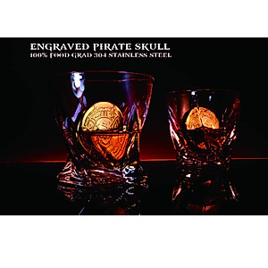 New Pirate Themed Gold Whiskey Coin and Cube Set, Stainless Steel Whiskey Chilling Stones | 4pc Set with Wooden Chest | Whiskey Gift for Men, Dad, Husband, Boyfriend