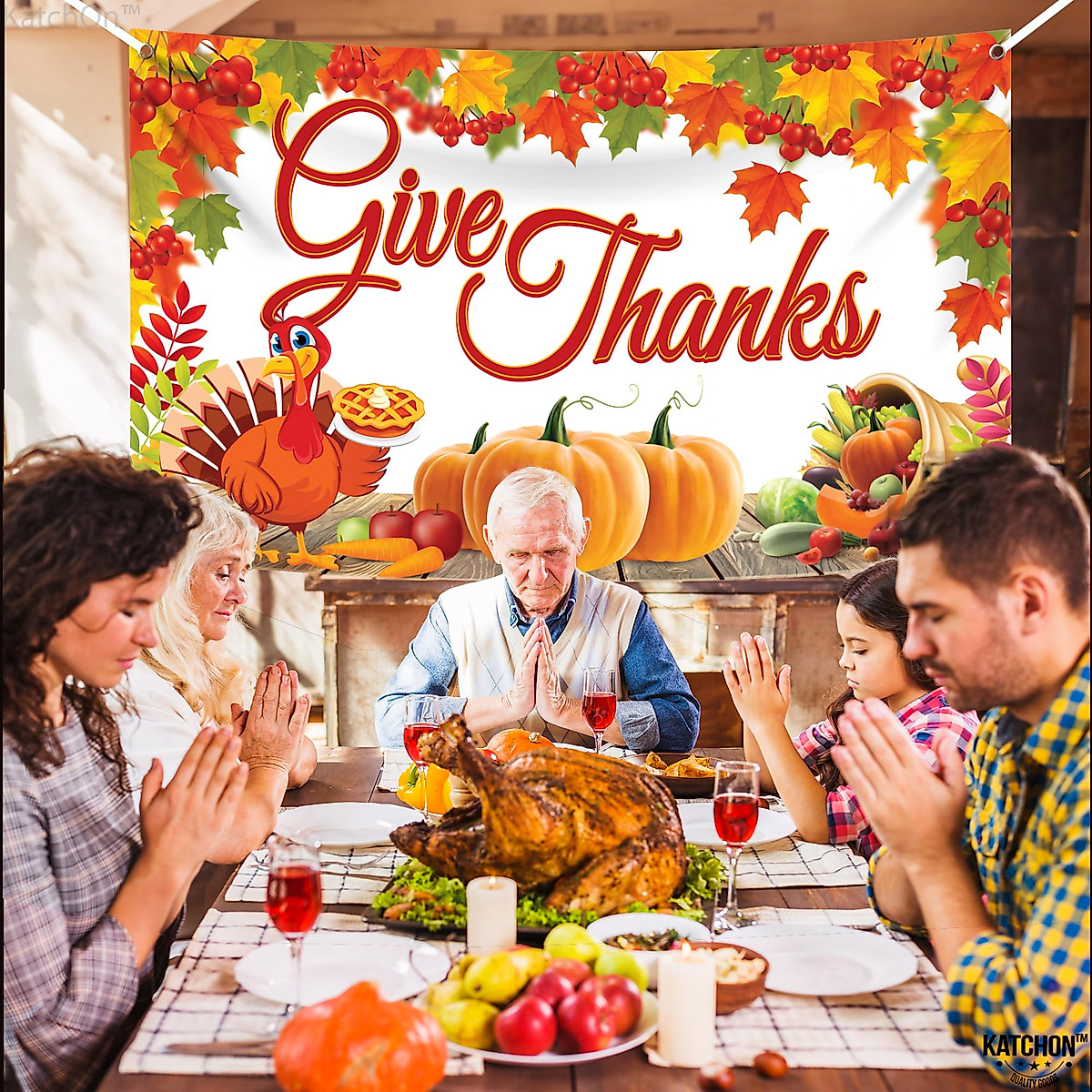 KatchOn, Give Thanks Banner - XtraLarge, 72x44 Inch | Thanksgiving Backdrop for Thanksgiving Decorations | Thanksgiving Wall Banner | Happy Thanksgiving Banner for Thanksgiving Party Decorations