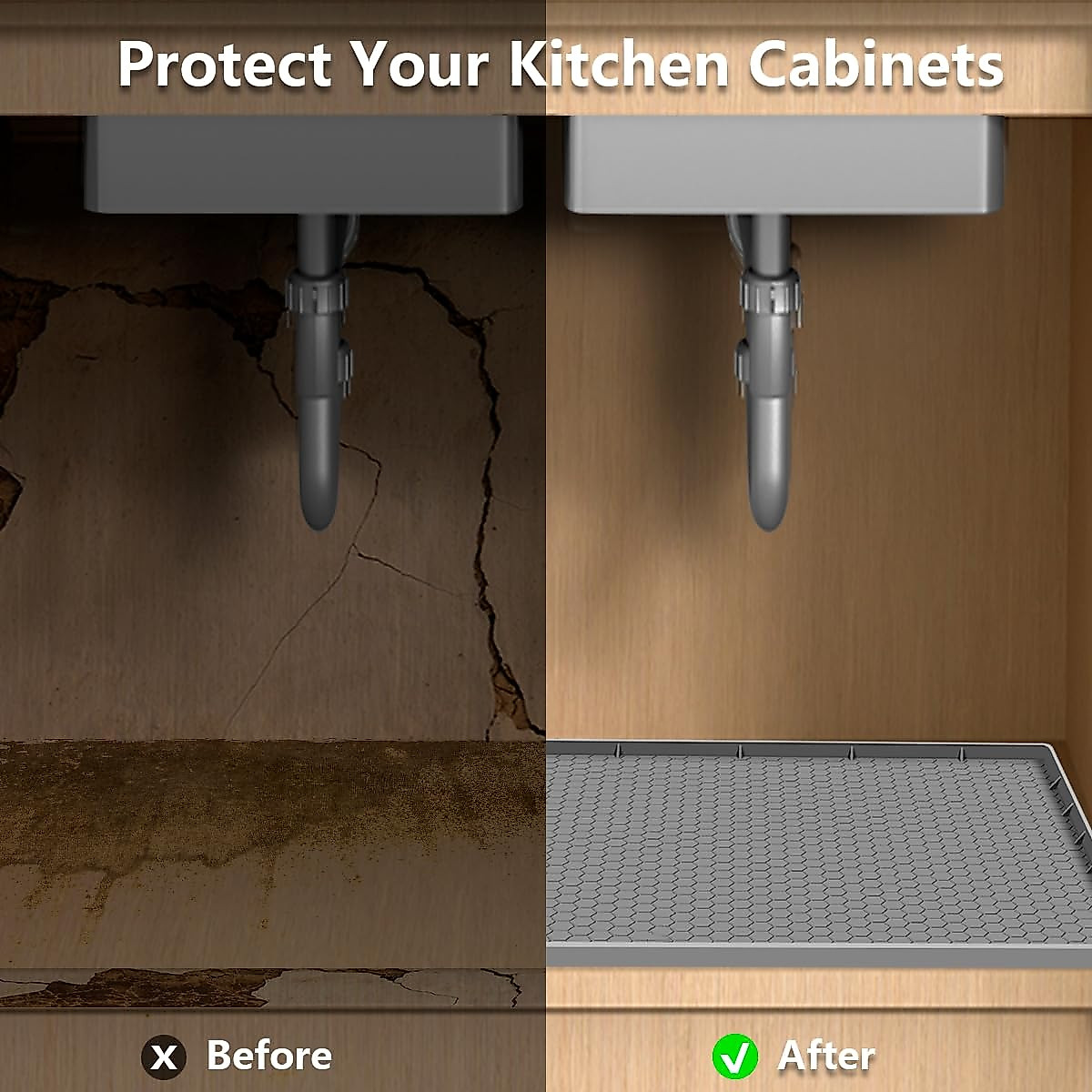Under Sink Mat Under the Sink Cabinet Protection Mat Sink Mats for Kitchen 34"x22" Flexible Rubber Mat Cabinet Liner Drip Tray with Lips for Leaks Waterproof