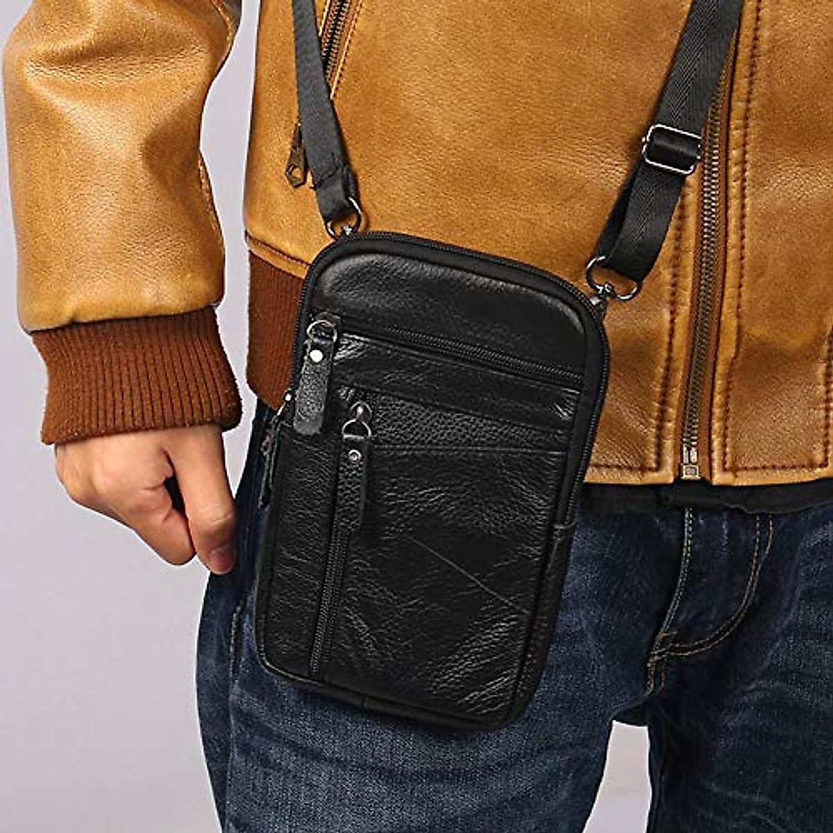 KRONDO Men's Leather Handbag Bag Small Crossbody Shoulder Bags Phone Wallet Satchel Pocket Camping Casual Daypack-Black