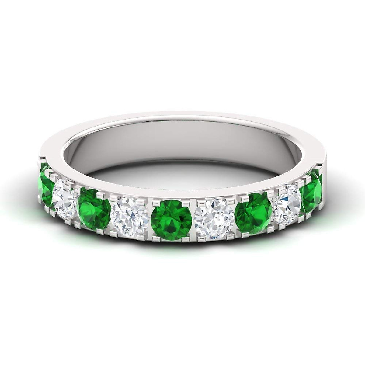 Diamondere Natural and Certified Emerald and Diamond Wedding Ring in 10K White Gold | 0.92 Carat Half Eternity Stackable Band for Women, US Size 6.5