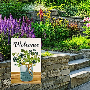 WODISON Welcome St Patricks Day Garden Flag For Yard House, Spring Shamrocks Clovers 12x18 Inch Burlap Double Sided Printing, Outdoors Home Decoration Banner (Only Flag)