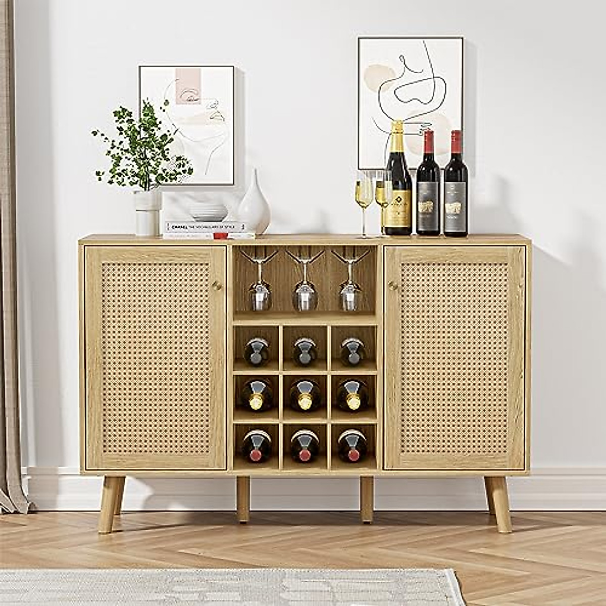 Giluta Rattan Wine Bar Cabinet 2-Door Farmhouse Liquor Cabinet with Wine Rack and Glass Holder, Rustic Oak Sideboard Buffet Storage, Modern Wooden Coffee Bar Cabinet for Living Dining Room Kitchen