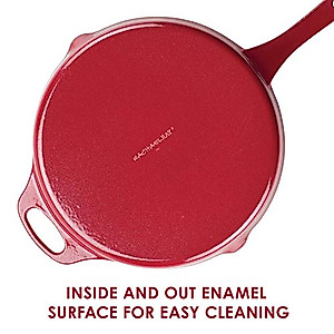 Rachael Ray Enameled Cast Iron Skillet/Fry Pan with Pour Spouts, 12 Inch, Red Shimmer