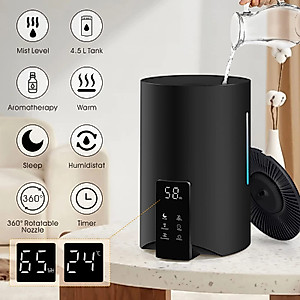Cool and Warm Humidifiers for Bedroom Large Room, Top Fill 4.5L Quiet Smart Ultrasonic Humidifier for Babies Nursery, Plants & Whole House Built-in Humidity Sensor Essential Oil Diffuser 360°Nozzle